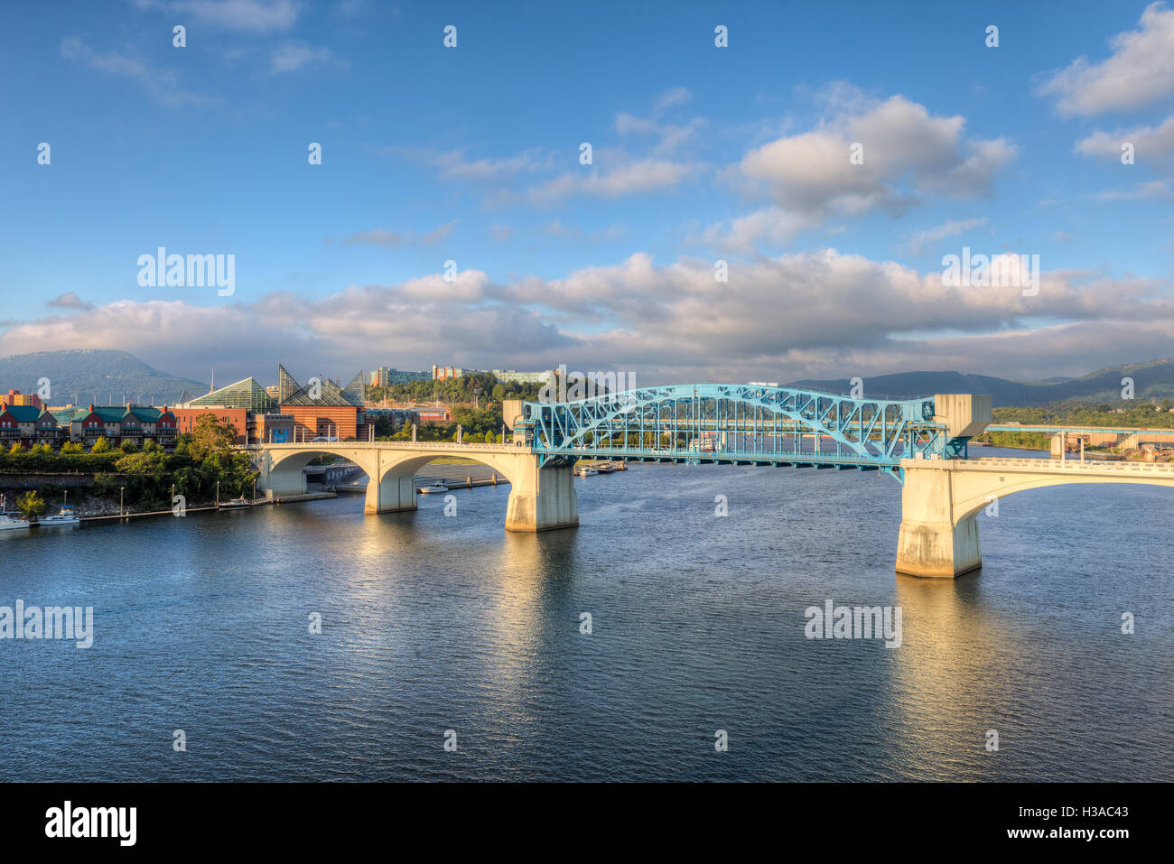 A birds-eye-view of the Chief John Ross (Market Street) bridge spanning ...
