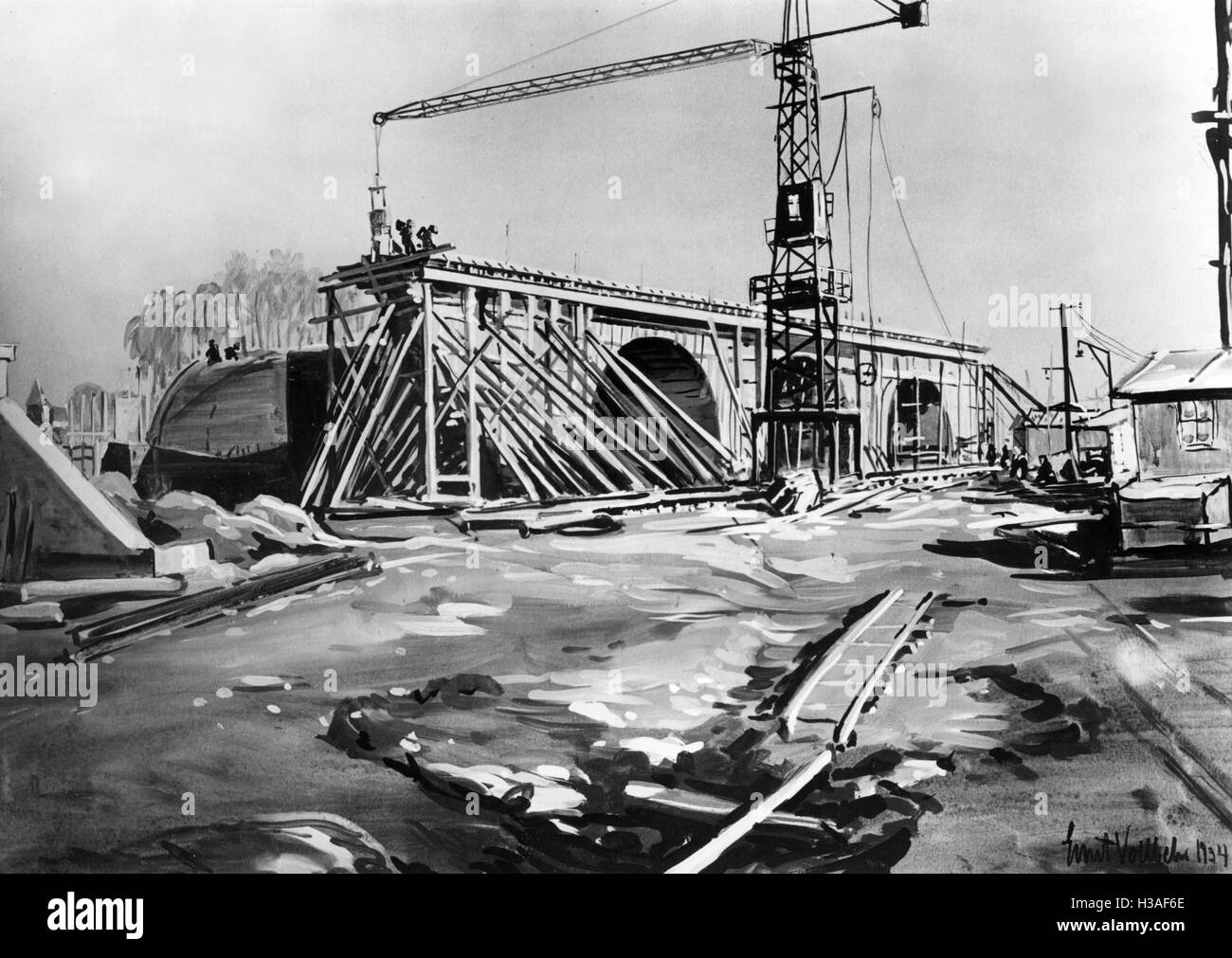 Painting by Ernst Vollbehr: highway construction site at Braunschweig ...