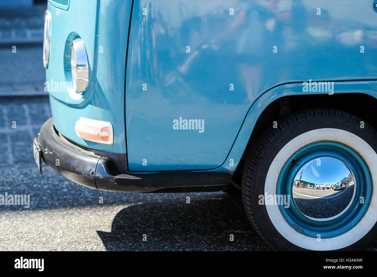 Renovated and fixed old vw van in bright blue color shiny and ready to ...