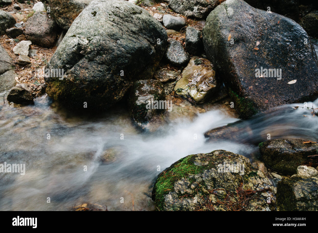 Water stream flowing in the mountain between rocks. Navacerrada, Madrid ...