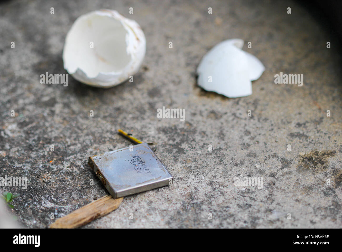 Battery and egg shell as a trash and waste Stock Photo - Alamy