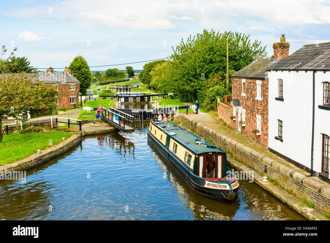 Narrowboat at top lock on the Rufford Branch of the Leeds and Liverpool ...