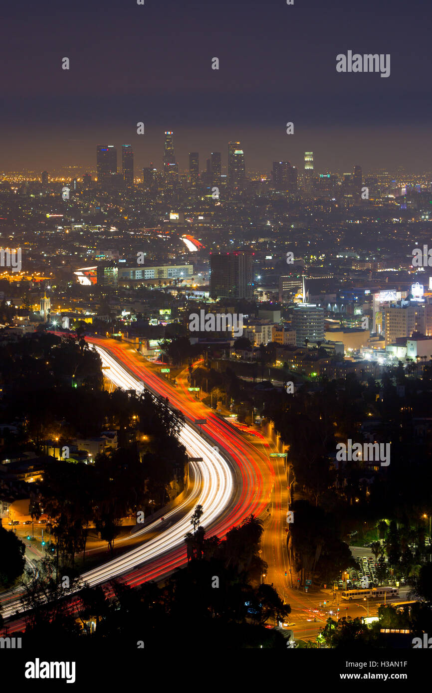 Los Angeles, USA - 6 July: View over LA skyline and the Hollywood Fwy ...