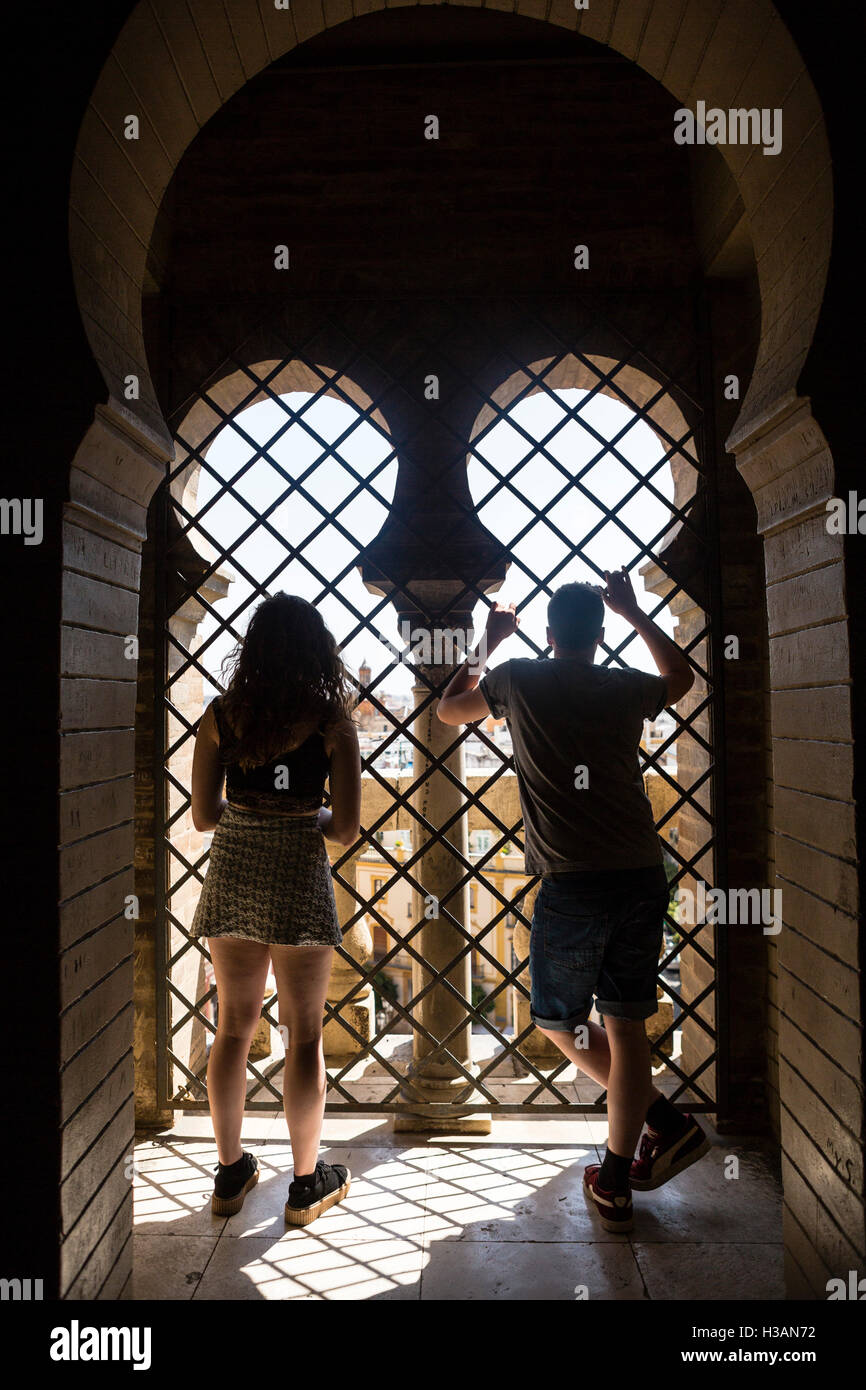 Cathedral view in central Seville spain looking out of a tower window ...