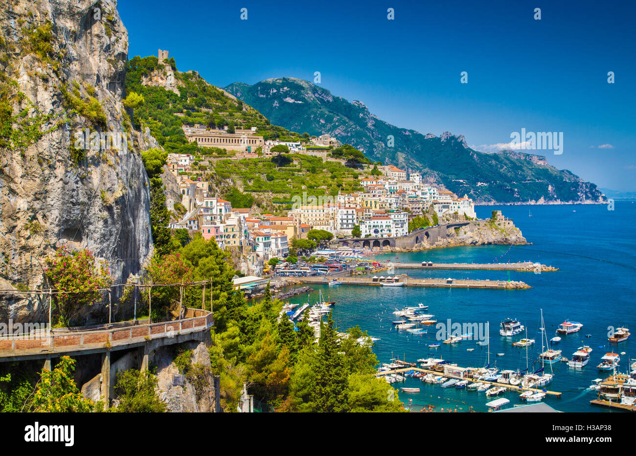 Scenic picture-postcard view of the beautiful town of Amalfi at famous ...
