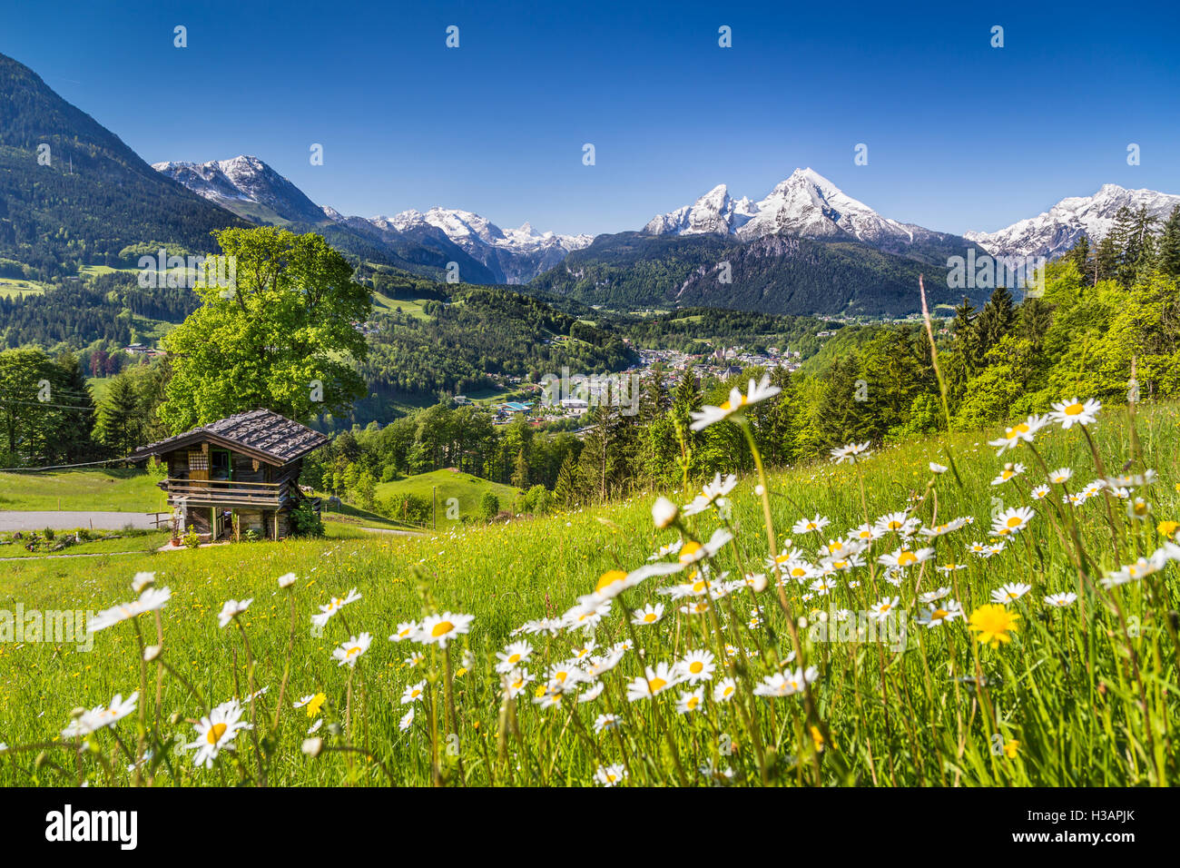 Beautiful mountain landscape in the Bavarian Alps with village of ...
