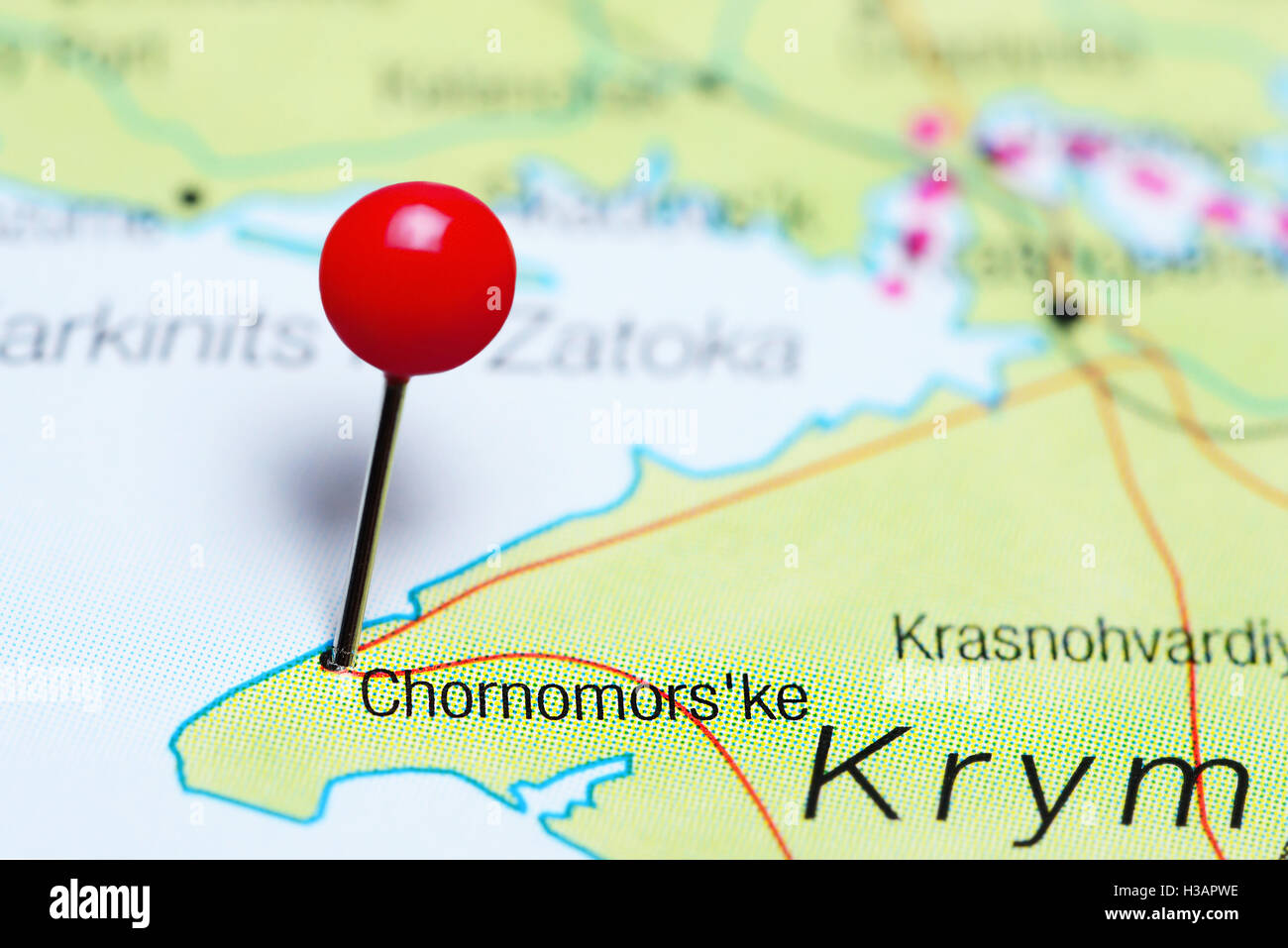 Chornomorske pinned on a map of Krym Stock Photo - Alamy