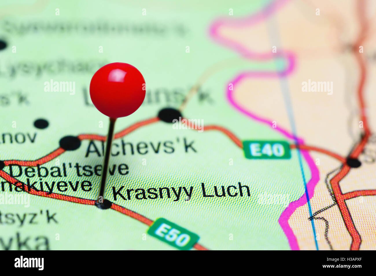 Krasnyy Luch pinned on a map of Ukraine Stock Photo - Alamy