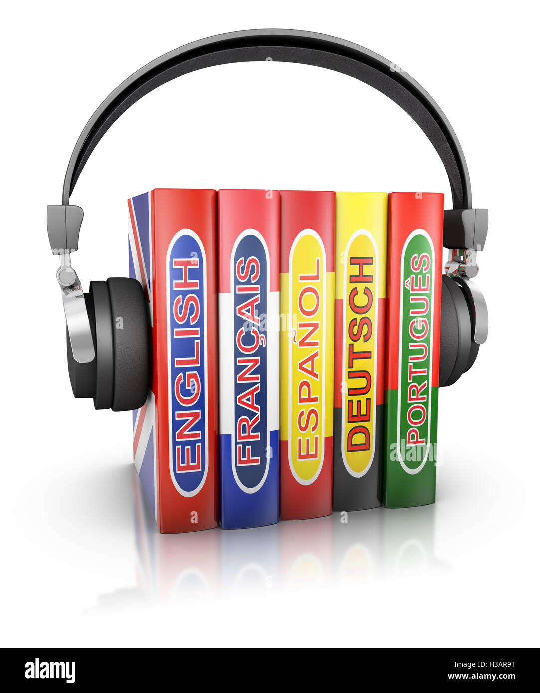 Headphones and a stack of books on language learning, 3D illustration ...