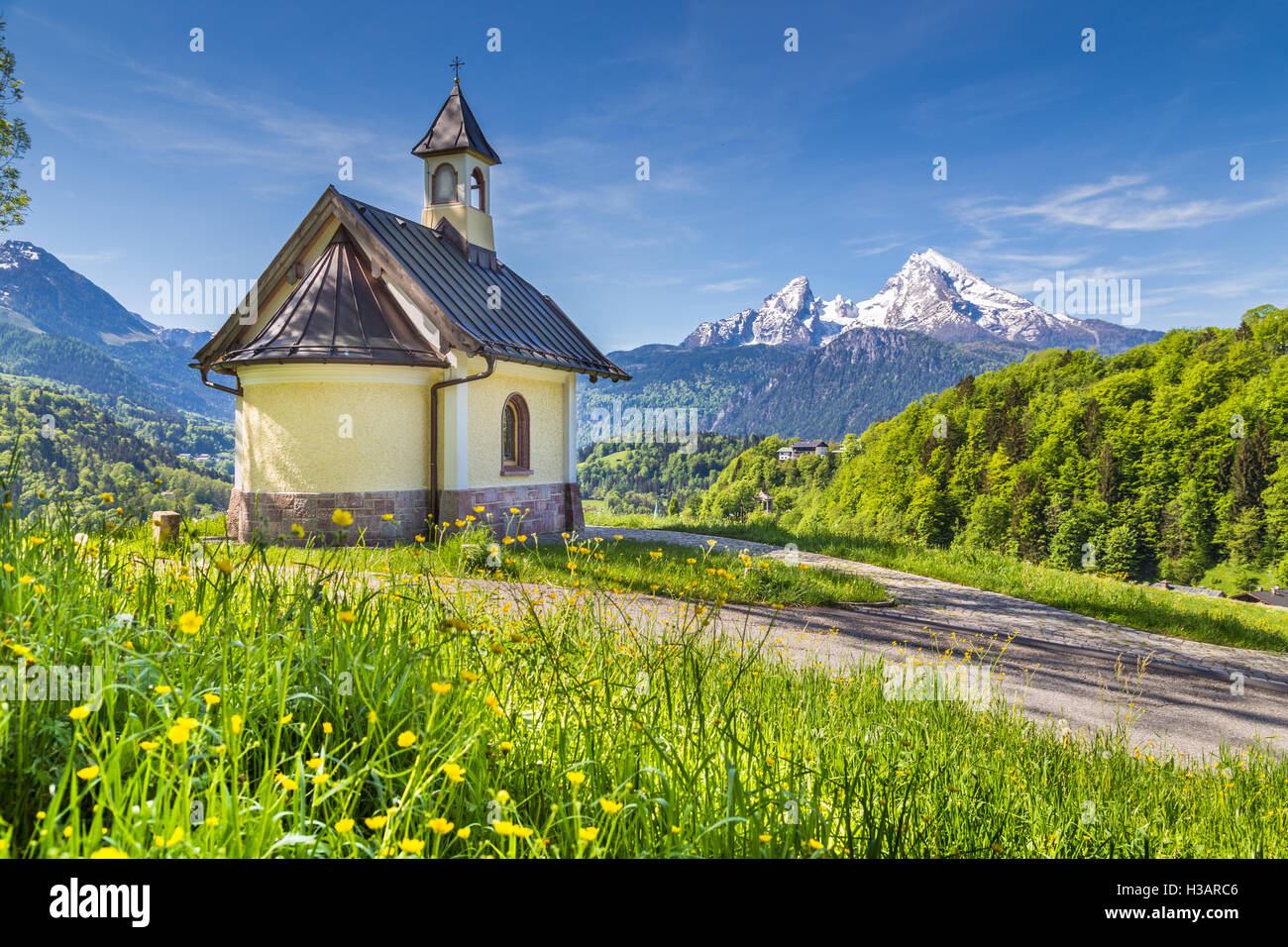 Beautiful view of famous Chapel at Lockstein with mount Watzmann in the ...