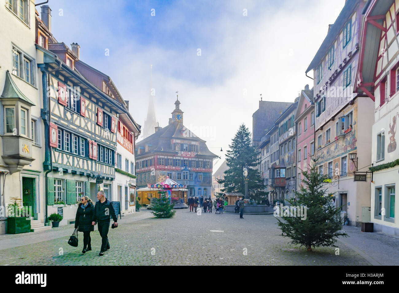 STEIN AM RHEIN, SWITZERLAND - DECEMBER 26, 2015: View of buildings with ...