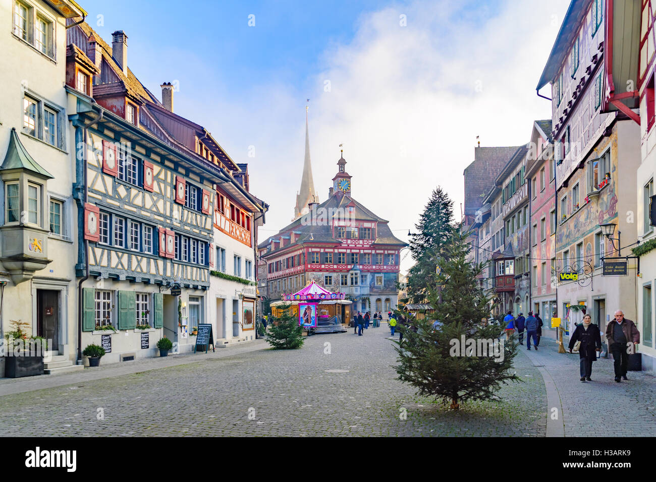 STEIN AM RHEIN, SWITZERLAND - DECEMBER 26, 2015: View of buildings with ...