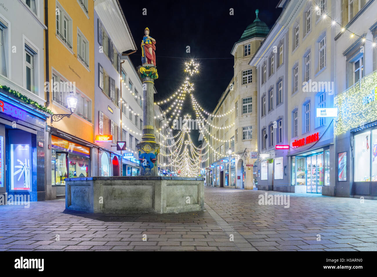 WINTERTHUR, SWITZERLAND - DECEMBER 26, 2015: Night scene of Marktgasse ...