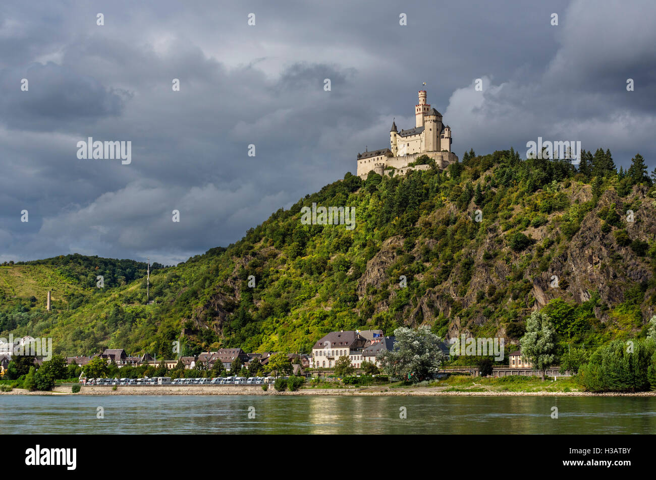 The Marksburg Castle on the River Rhine viewed from Braubach, Rhineland ...
