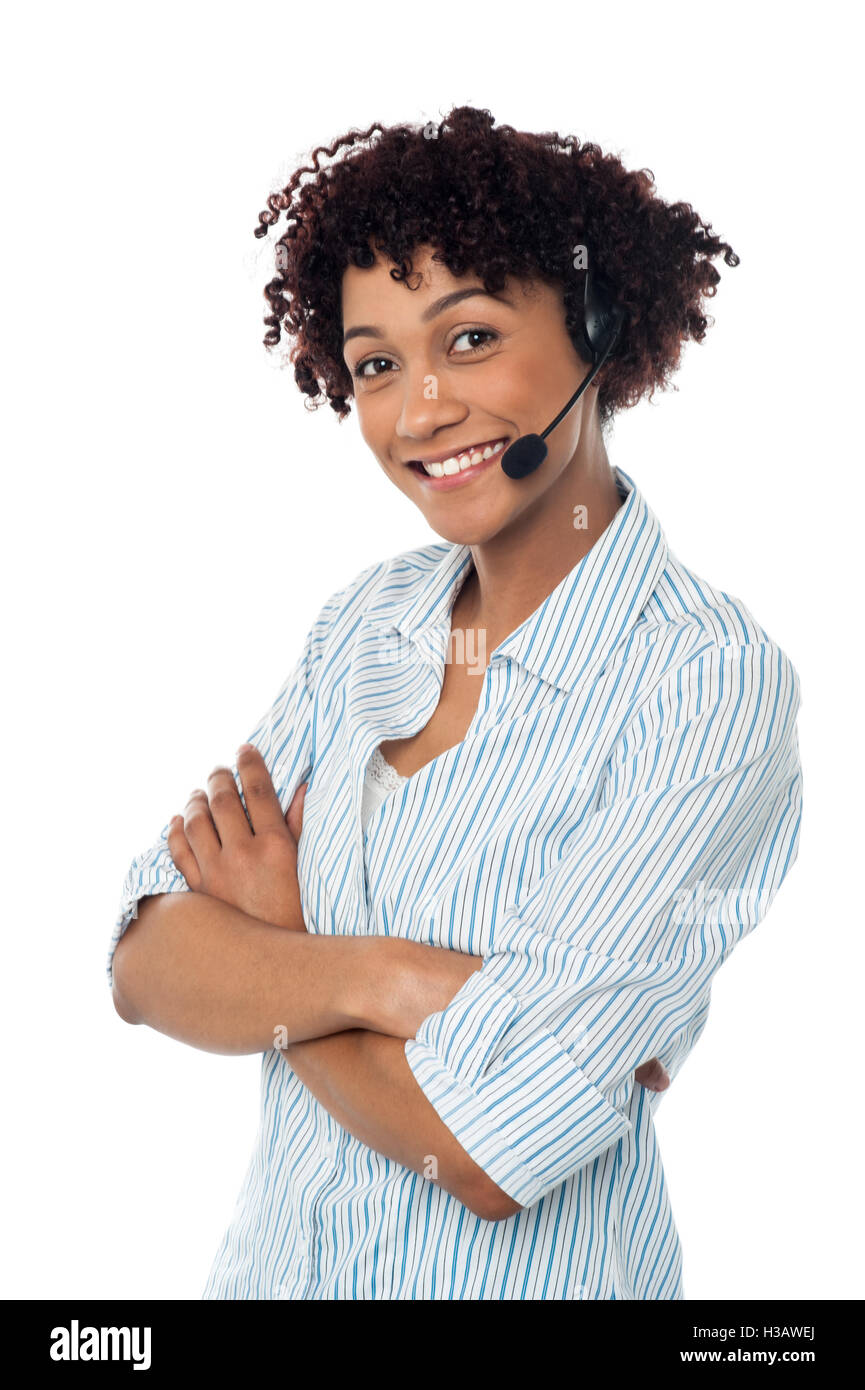 Cheerful female telecaller wearing headset hi-res stock photography and ...
