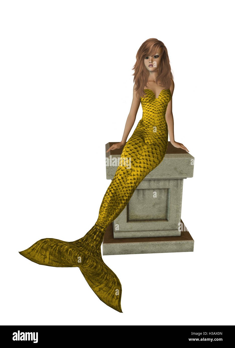 Gold Mermaid Sitting On A Pedestal Stock Photo - Alamy