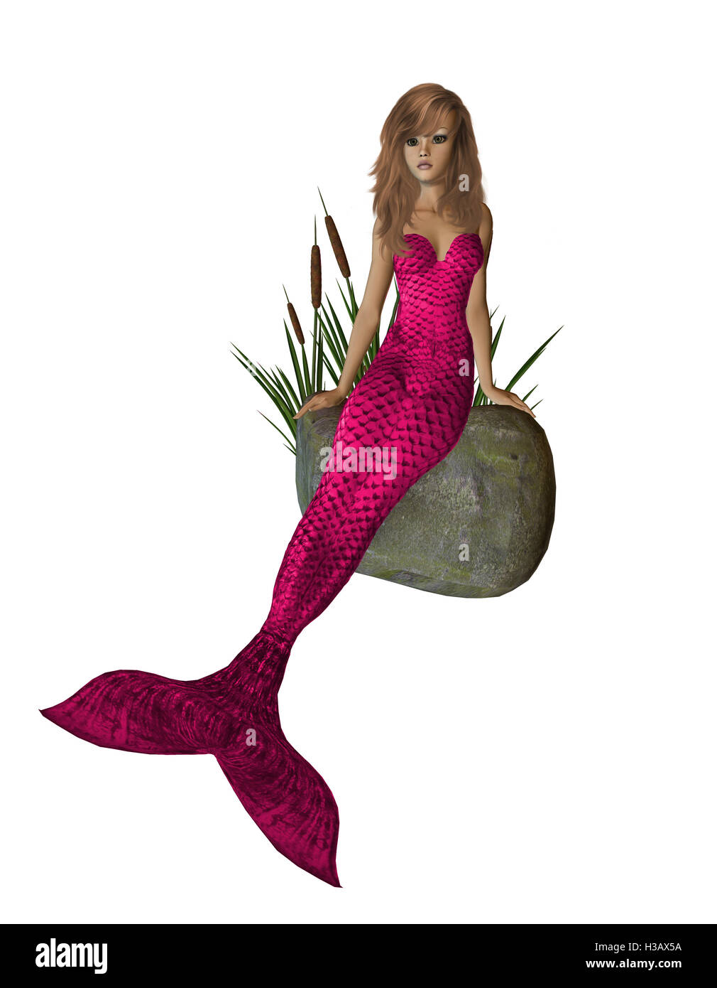 Pink Mermaid Sitting On A Rock Stock Photo - Alamy