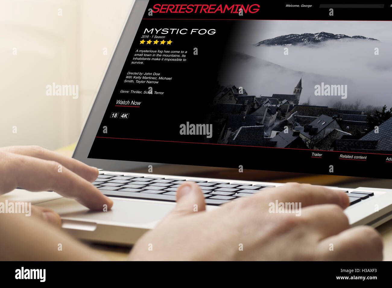 online video on demand concept: man using a laptop with online series ...