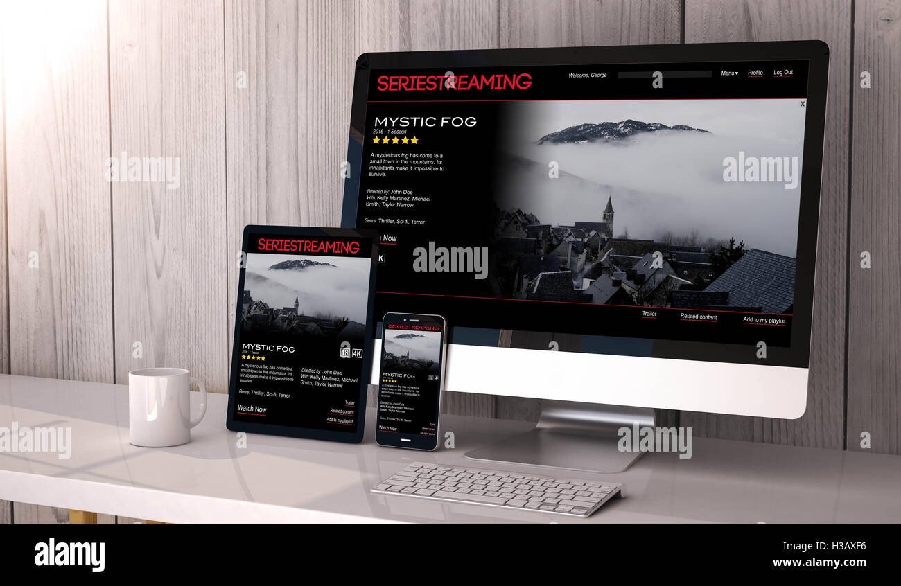 Digital generated devices on desktop, responsive streaming website on ...