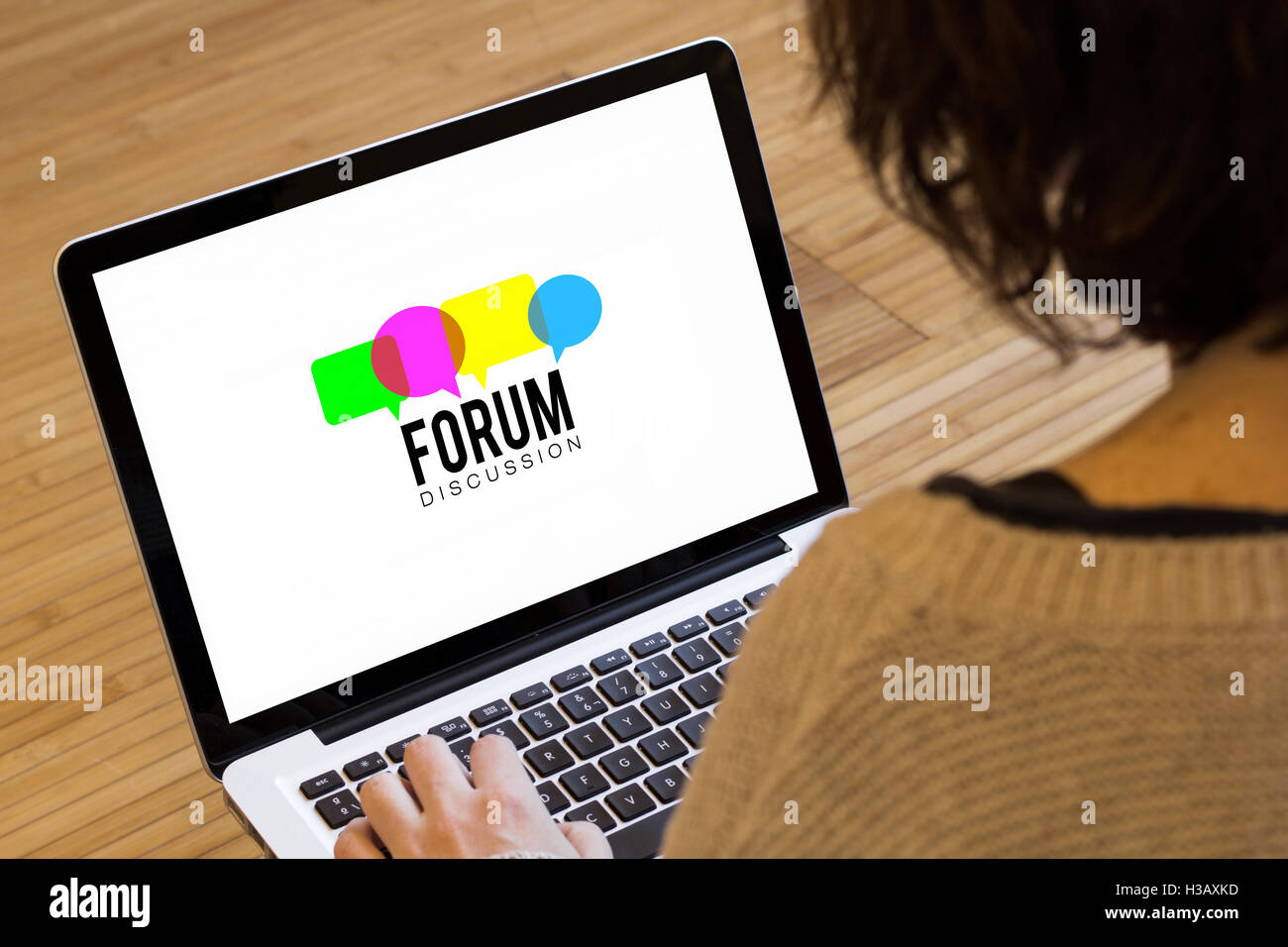 Young woman using a forum group website in laptop. All screen graphics ...