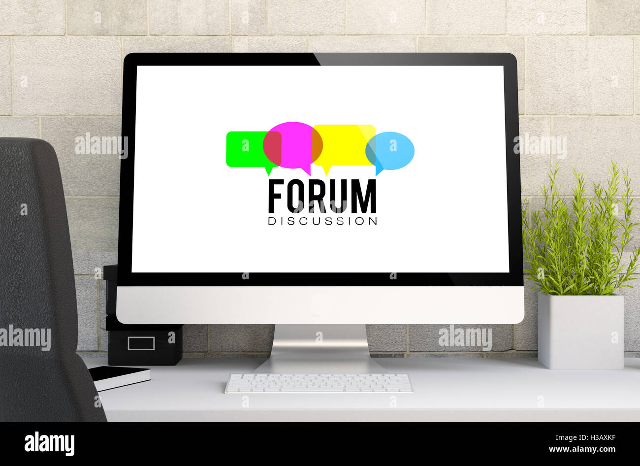 3d rendering of workspace with computer showing forum chat. All screen ...