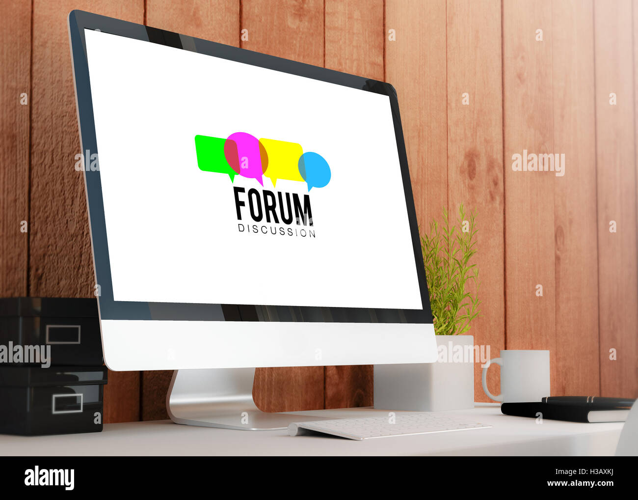 modern wooden workspace with computer forum chat. All screen graphics ...