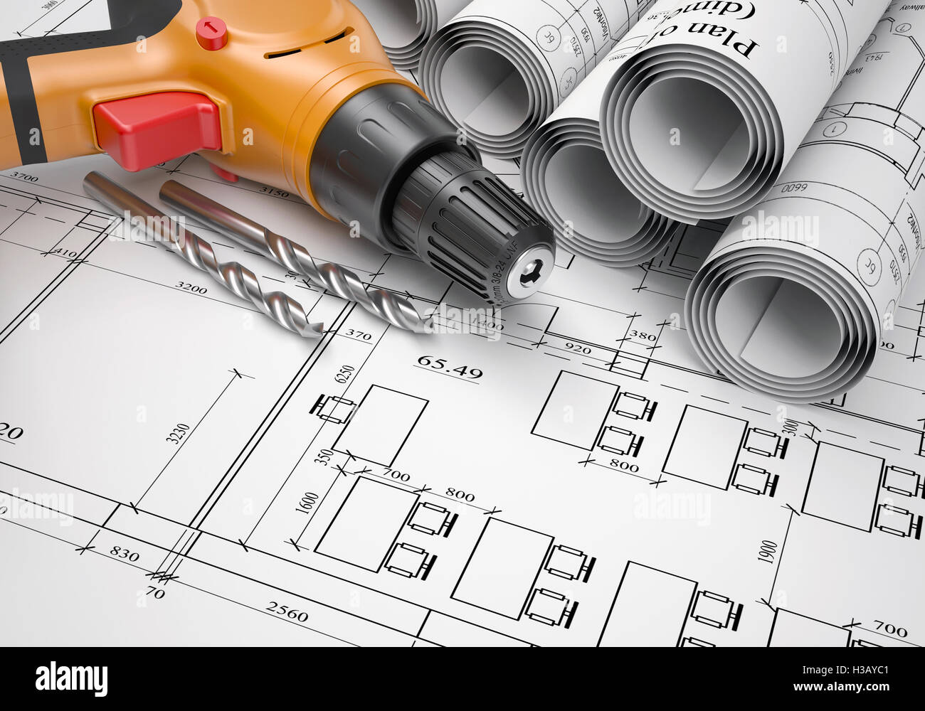 Architectural drawings and electric screwdriver Stock Photo - Alamy