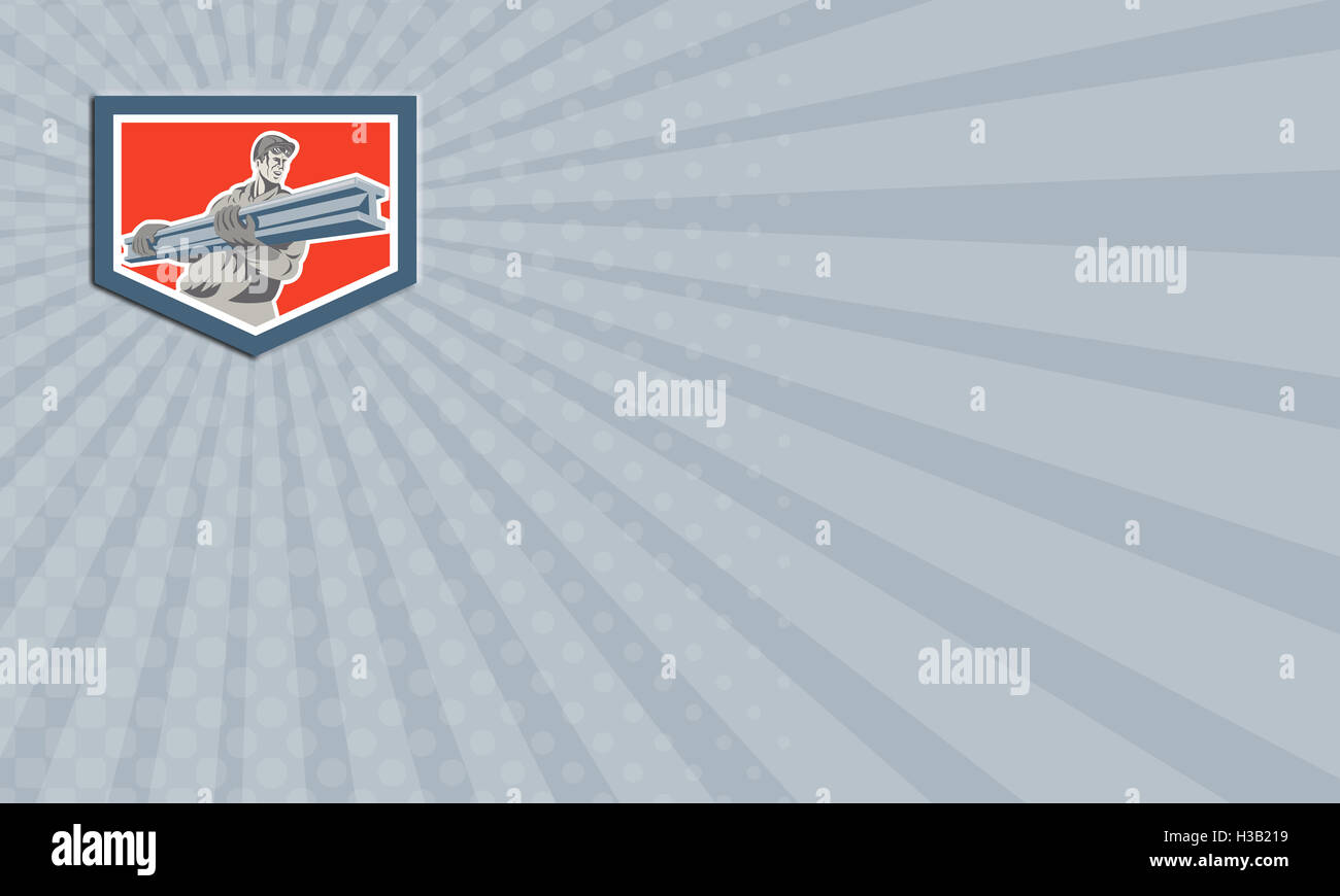 Business card Construction Steel Worker Carrying I-Beam Shield Retro ...