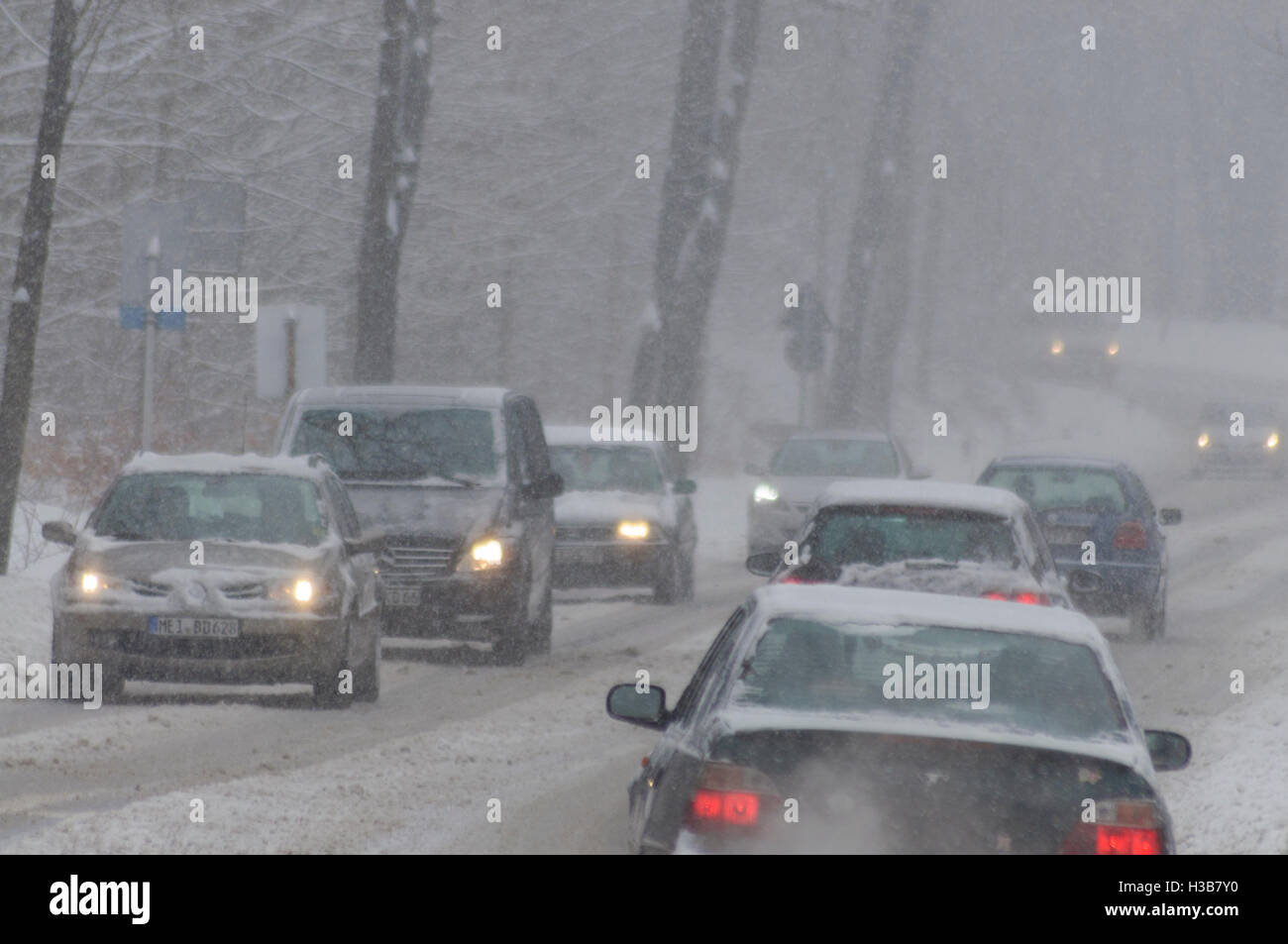 Dresden: Street with cars in snowfall, , Sachsen, Saxony, Germany Stock ...