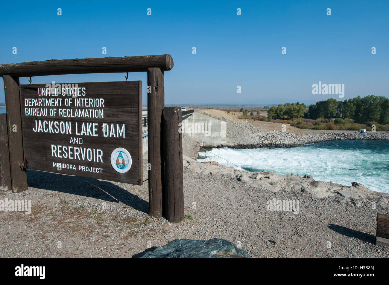 Jackson Lake Dam reservoir sign, Grand Teton National Park, Wyoming ...