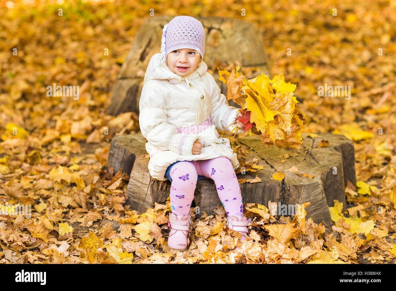 Little baby girl with autumn leaves Stock Photo - Alamy