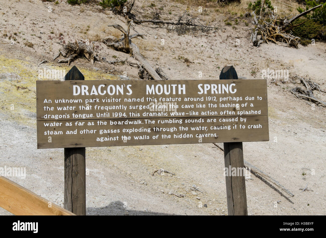 Dragon's Mouth Spring sign Mud Volcano Area Yellowstone National Park ...