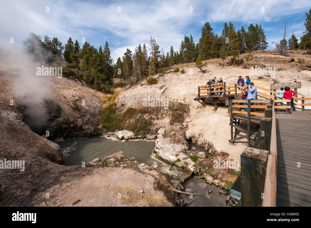 Visitors viewing Dragon's Mouth Spring, Mud Volcano Area Yellowstone ...
