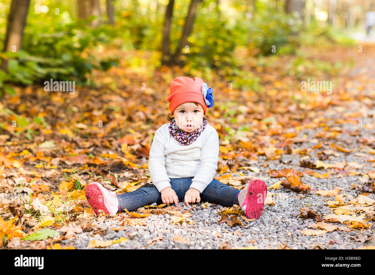 Baby girl sitting on the ground in autumn park outdoor Stock Photo - Alamy