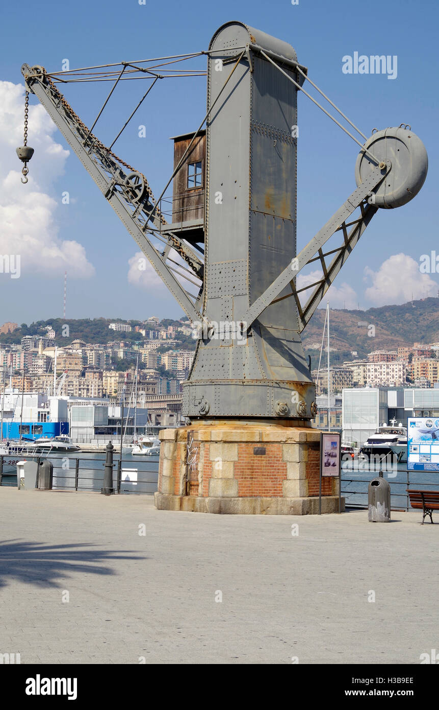 Genoa Italy, Small dockyard crane, historic object Stock Photo - Alamy