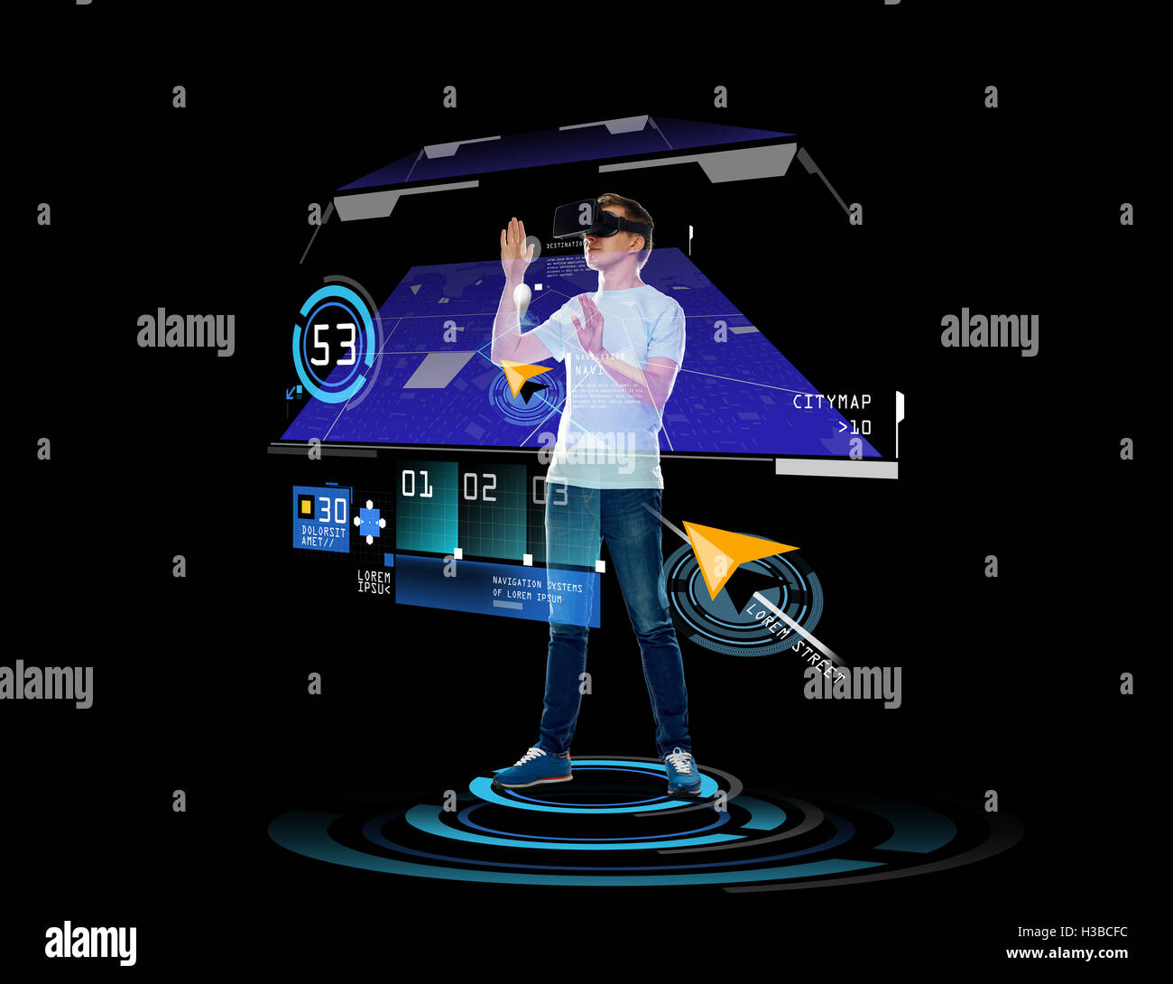 happy man in virtual reality headset or 3d glasses Stock Photo - Alamy