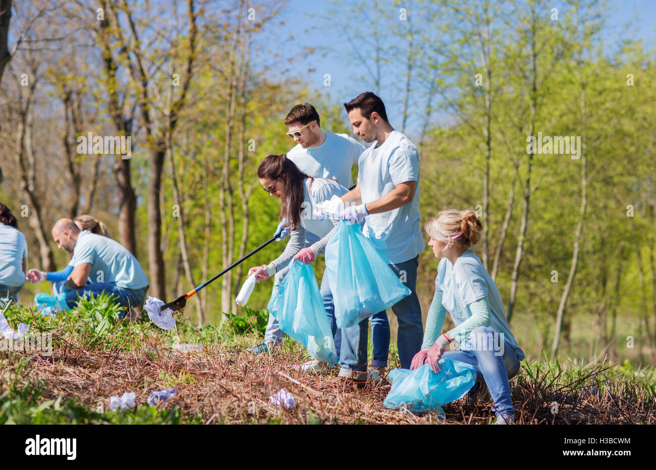 volunteers with garbage bags cleaning park area Stock Photo - Alamy
