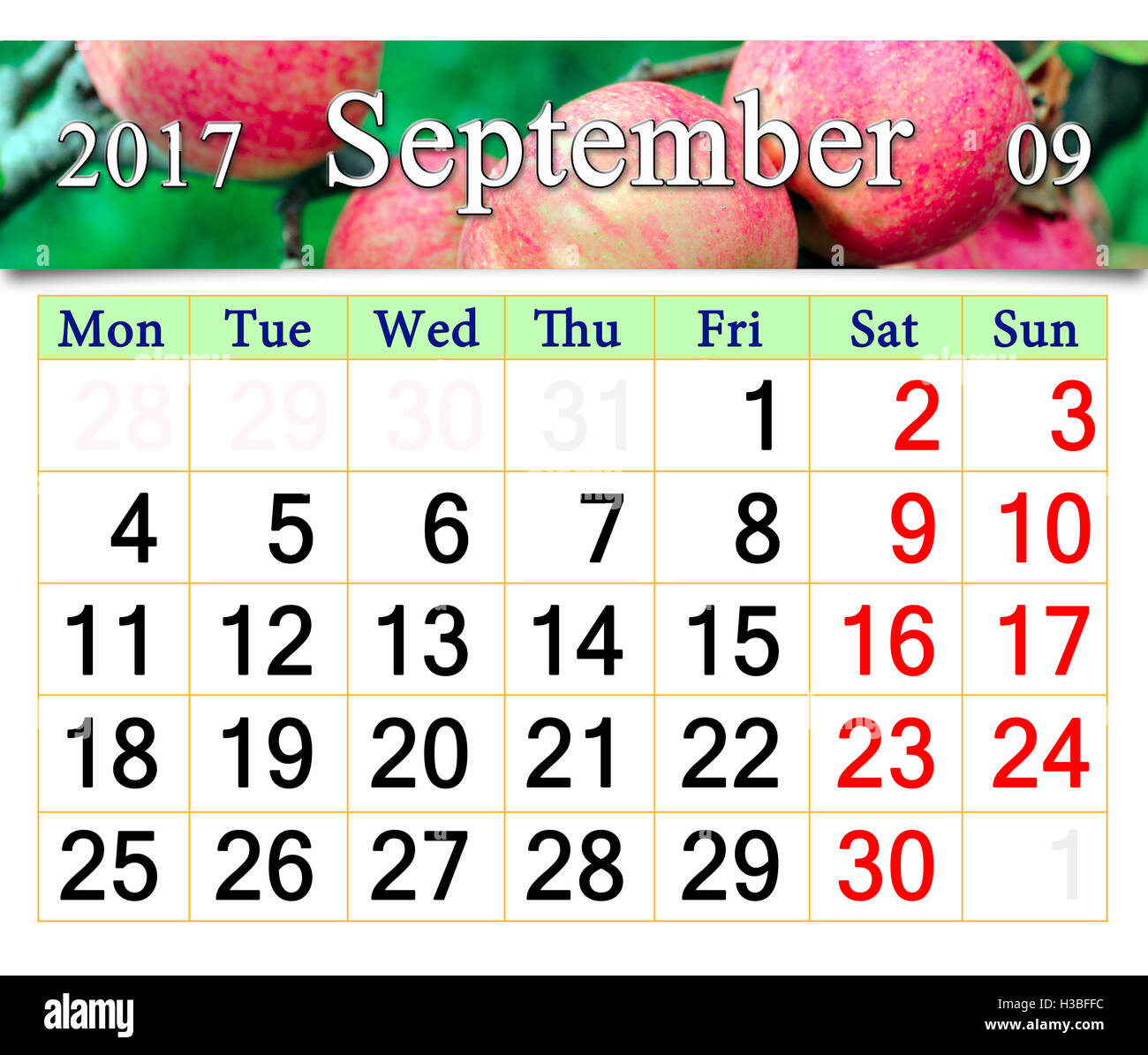beautiful calendar for September 2017 year with ripe apples on the ...