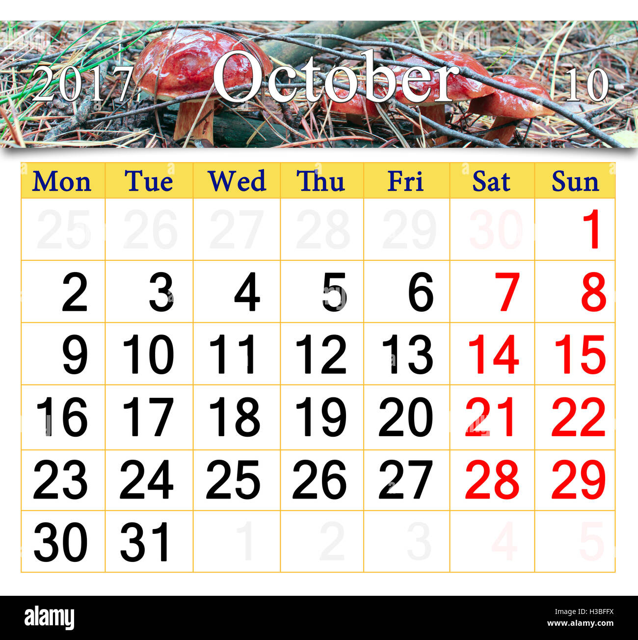 calendar for October 2017 with the ribbon of mushroom Boletus badius ...