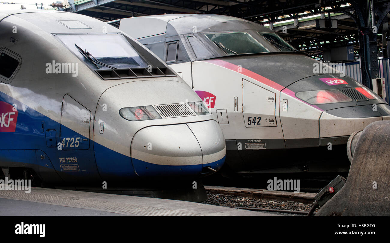 Two inter-city train units stationary at Gare de L'East Station, Paris ...