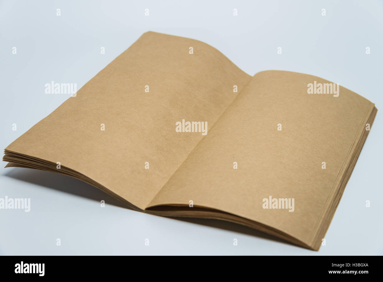 Opened Brown plain notebook with white background and selective focus ...