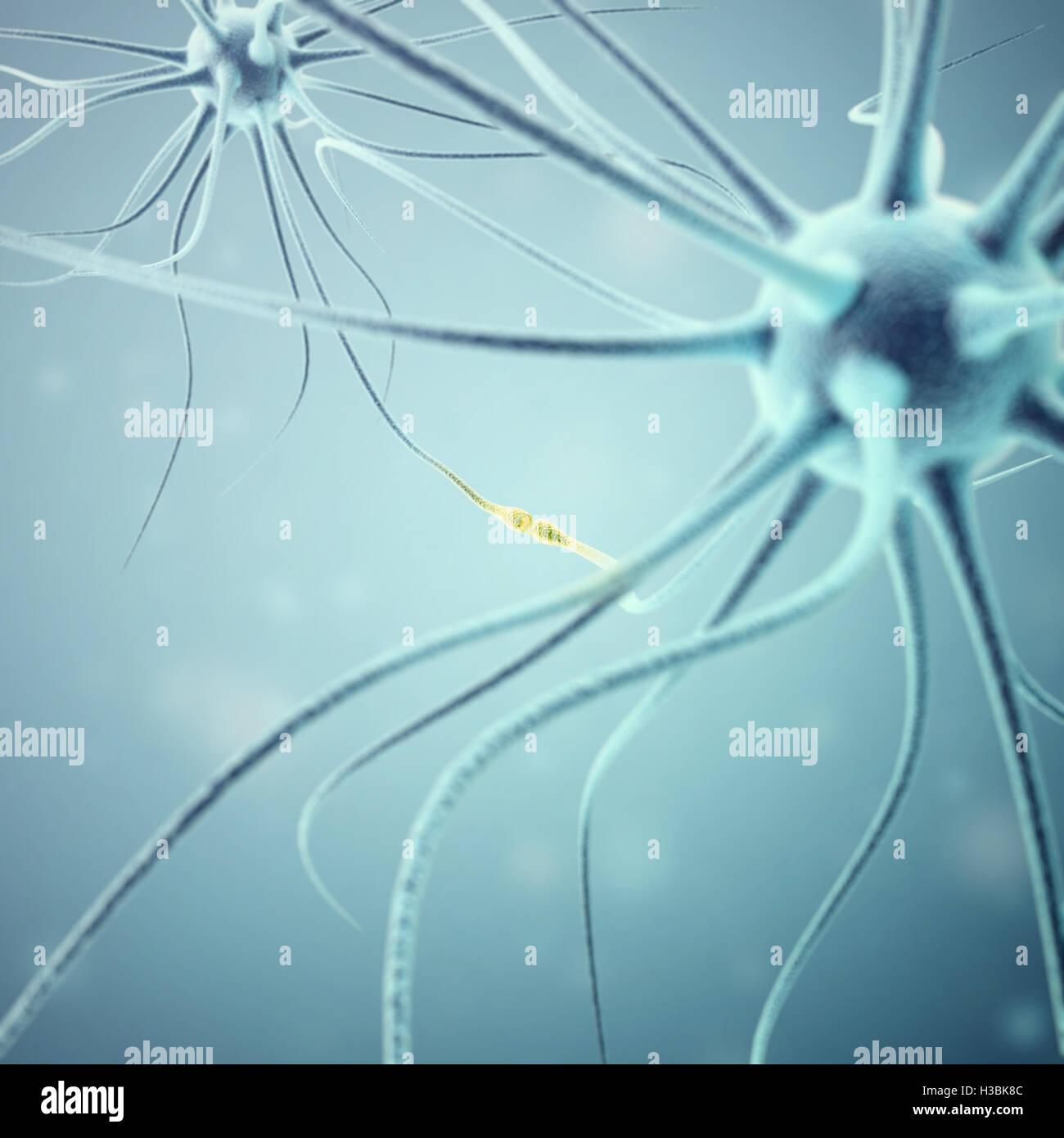 Neurons transmission signals in the head on blue background. Synapse ...