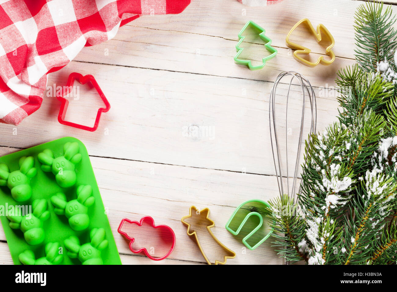 Cooking utensils on wooden table. Christmas cooking. Top view with copy ...
