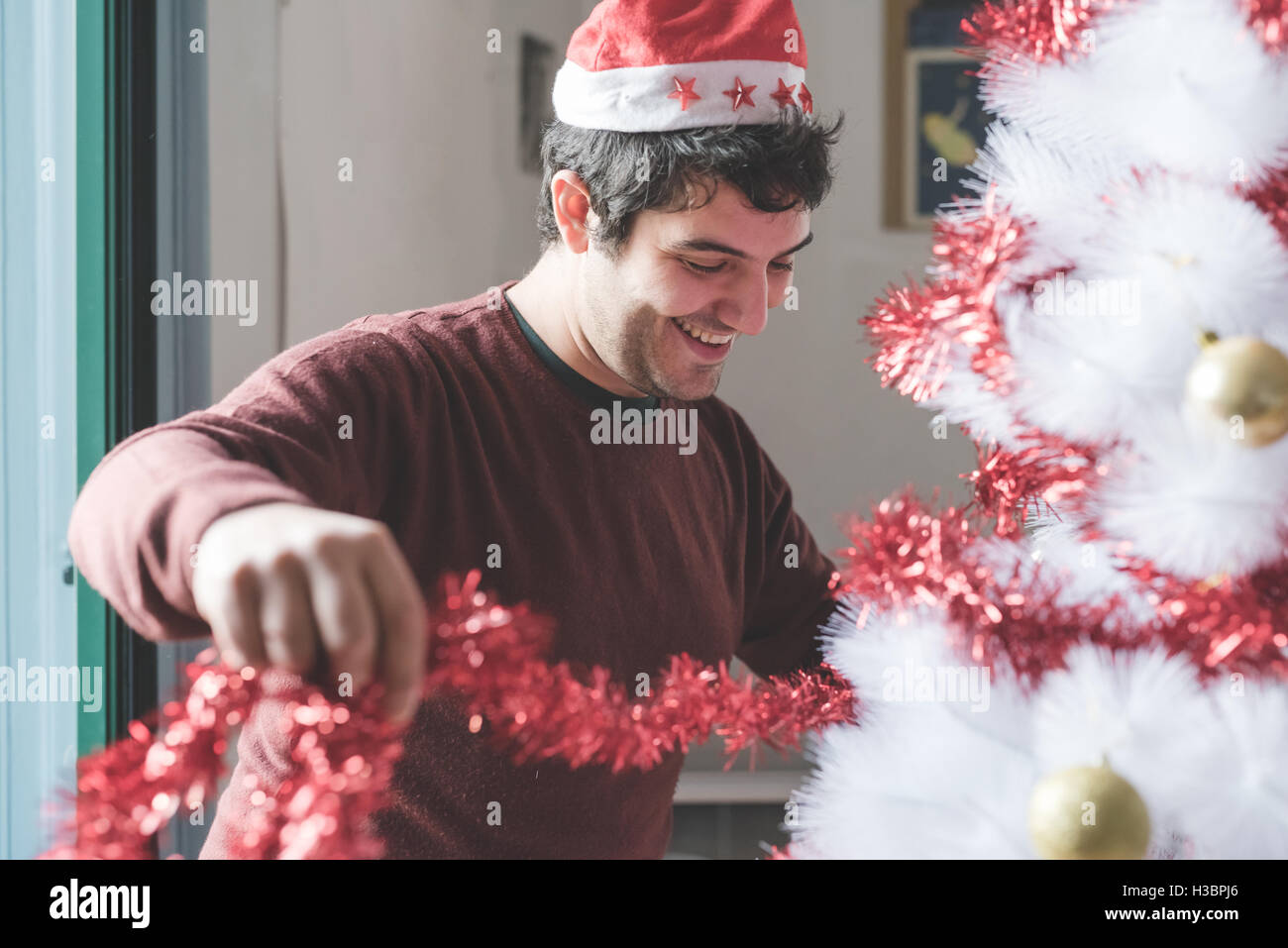 Half length profile of young handsome caucasian brown man with Santa ...