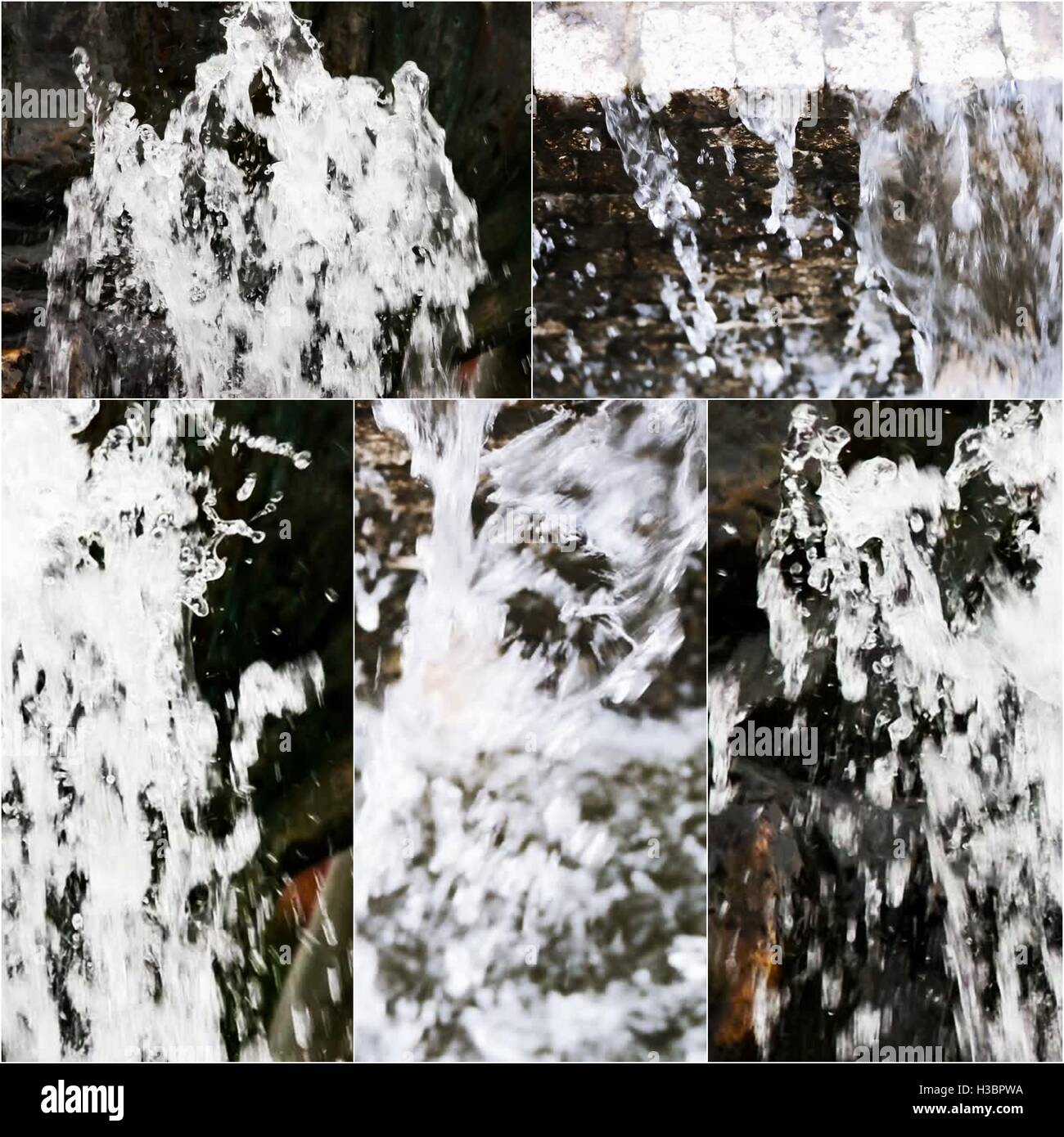 Set of images of small artifitial waterfall. Collage of falling water ...