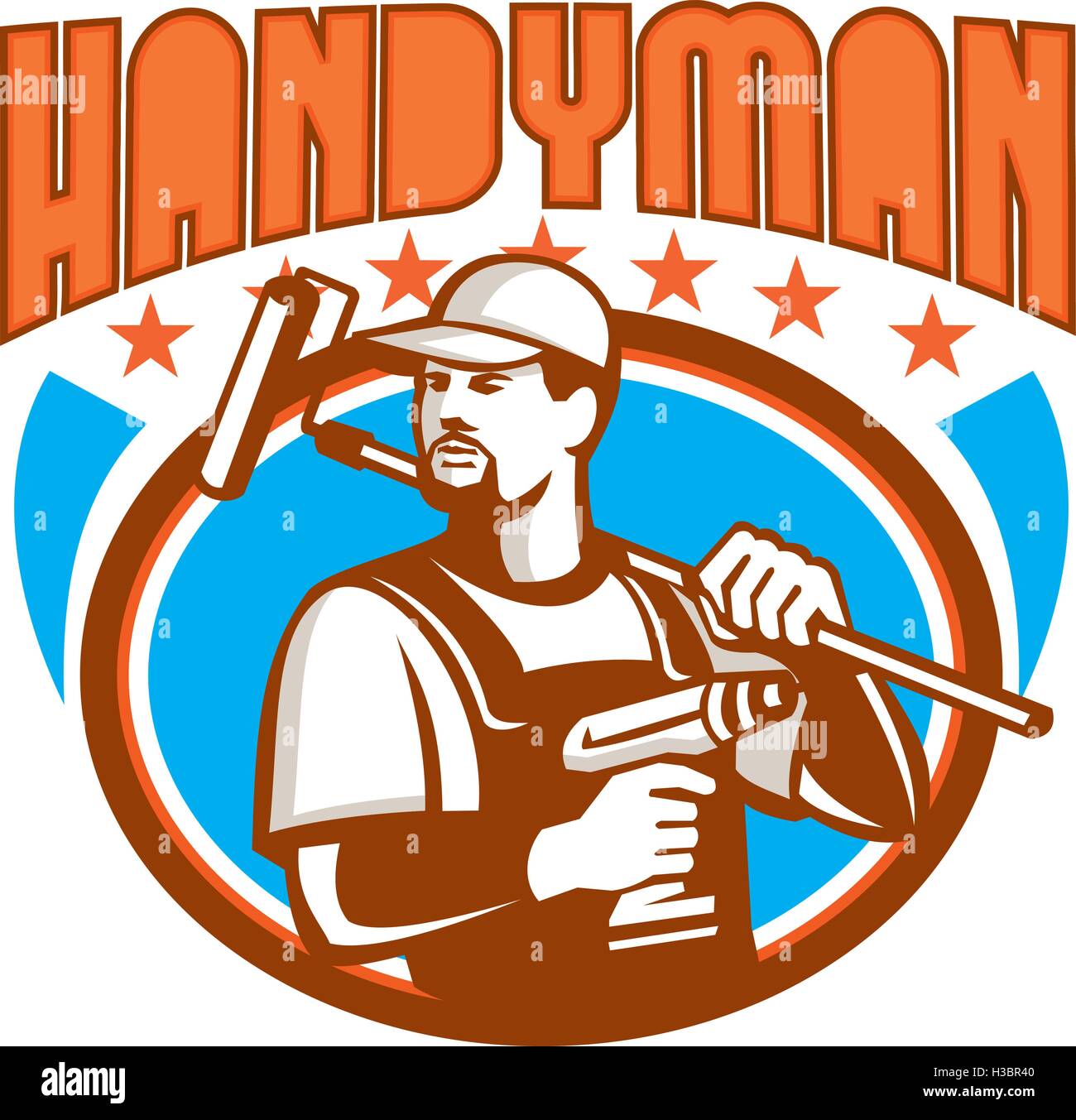 Illustration of a handyman with beard moustache facial hair holding ...