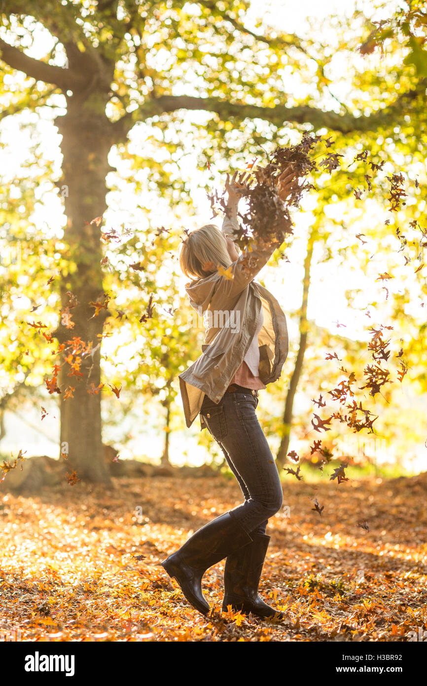 Woman throwing autumn leaves in forest on sunny day Stock Photo - Alamy