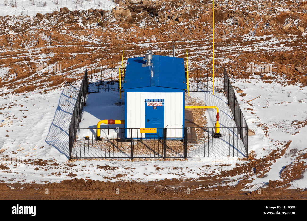 Exterior new gas control point block-type, top view. Yellow table with ...