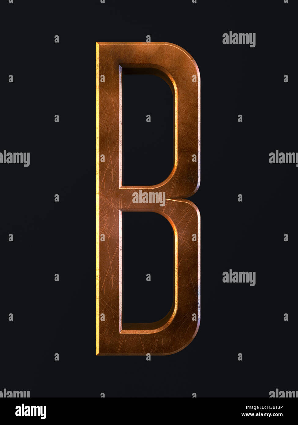 3d render of golden metal dirty rust scratch alphabet letter symbol - B ...