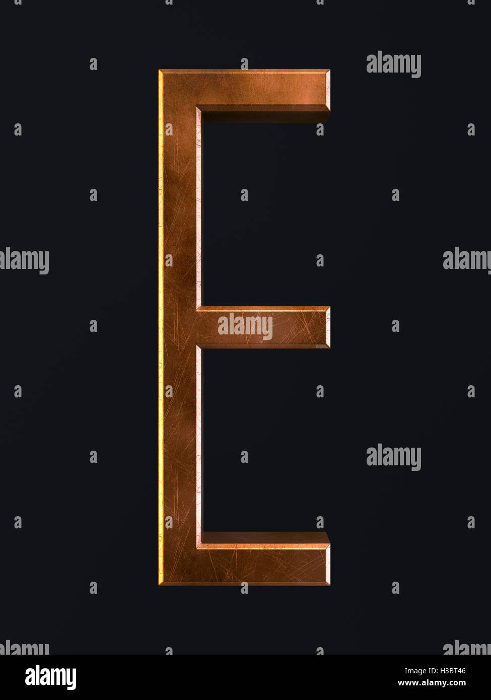 3d render of golden metal dirty rust scratch alphabet letter symbol - E ...